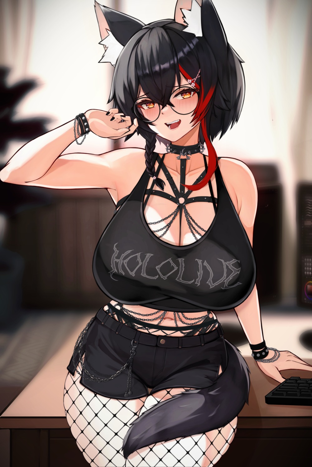 varniskarnis hololive ookami mio animal ears cleavage fishnets megane pantyhose tail | #1079621 ...